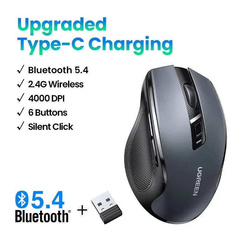 UGREEN Беспроводная мышь Bluetooth 5.4, 4000 DPI, 6 кнопок, Тип-C