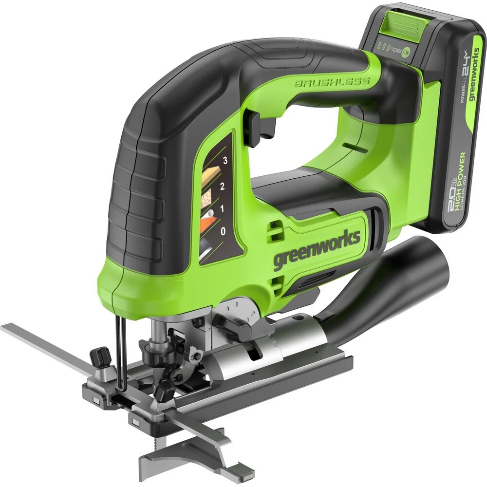 Лобзик GreenWorks GD24JS, 24V, б/щет, 100мм, 800-3000/мин, 4-ст. маятник, алюмниевая подошва, LED, 1x2Ач, ЗУ, коробка 3601407VUA