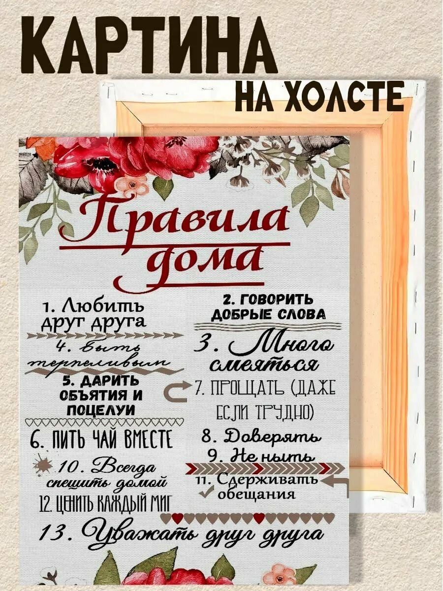 Картина на стену Правила дома, на подрамнике, 1шт, 38х25 размер.