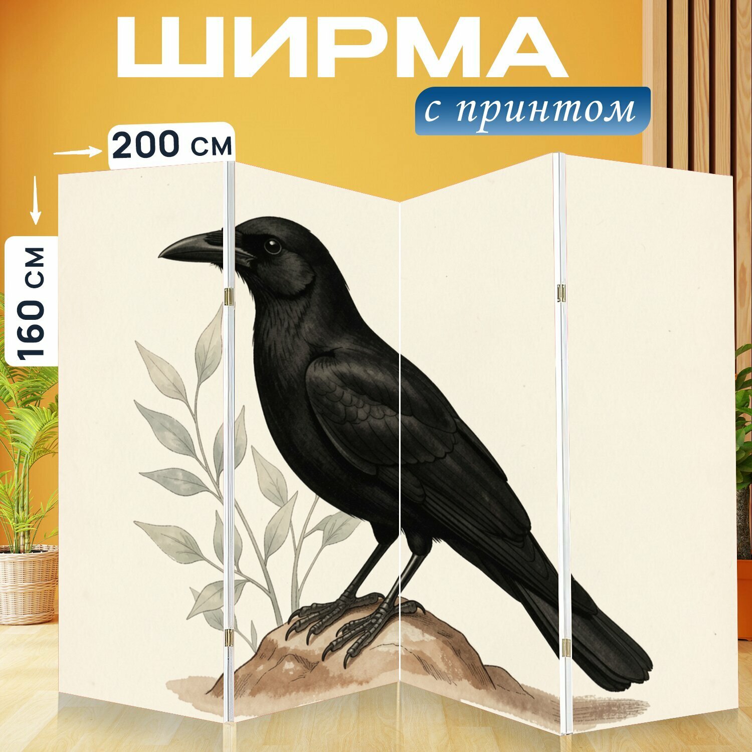 Ширма "Черная ворона на камне. Минималистичная ботаническая иллюстрация с темной птицей на валуне, тонкие." перегородка для зонирования комнаты с принтом 200x160 см. на холсте