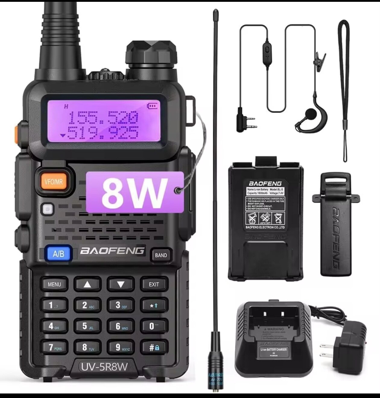 Радиостанция Baofeng UV-5R портативная 8 Вт, двухдиапазонная, с LCD дисплеем и аккумулятором 2800 мАч, дальность связи до 10 км