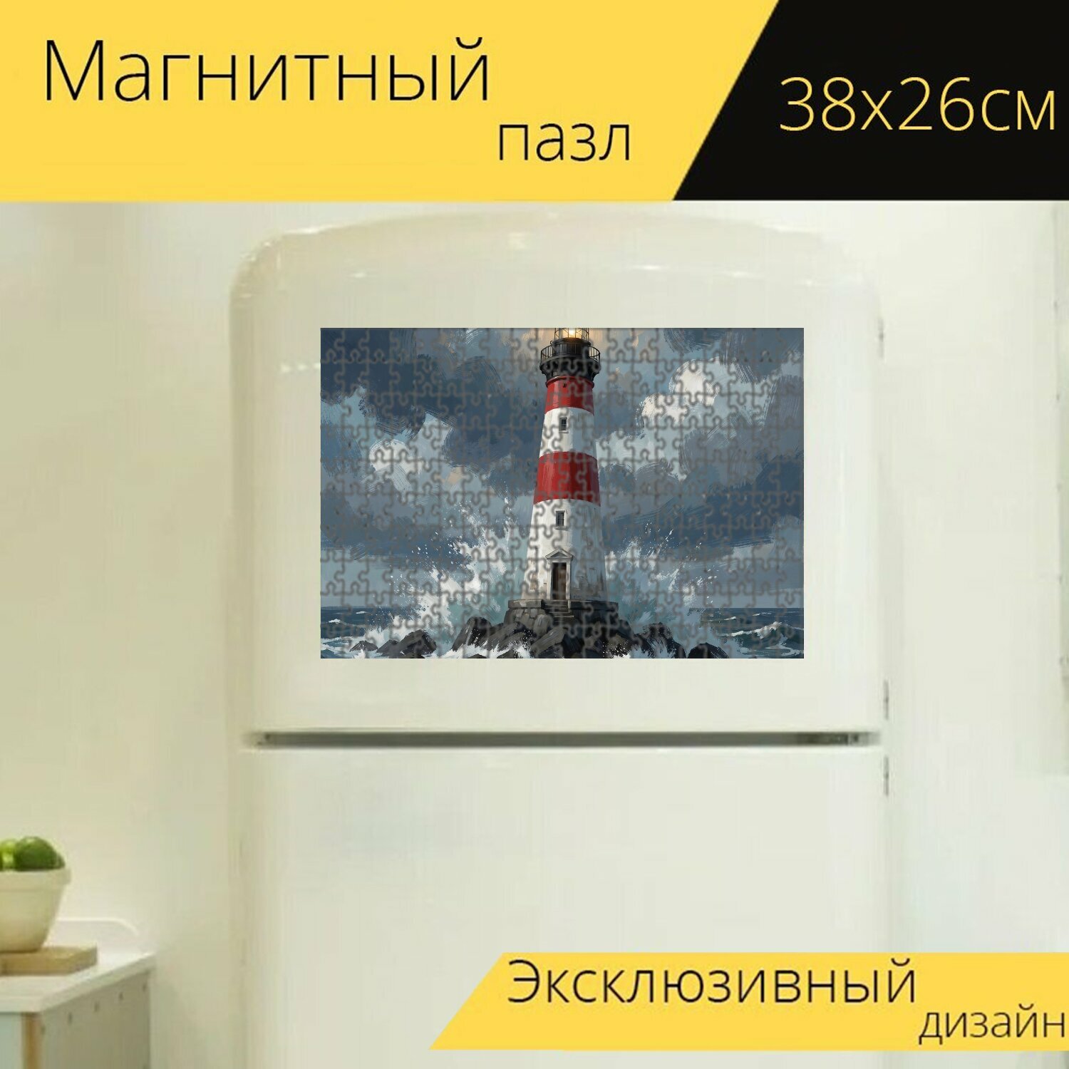 Магнитный пазл "Маяк в штормовом море. Красно-белая башня на скалах среди бурных волн и брызг, под драматичным облачным небом. Живописный морской пейзаж в." для интерьера, 38х26 см.