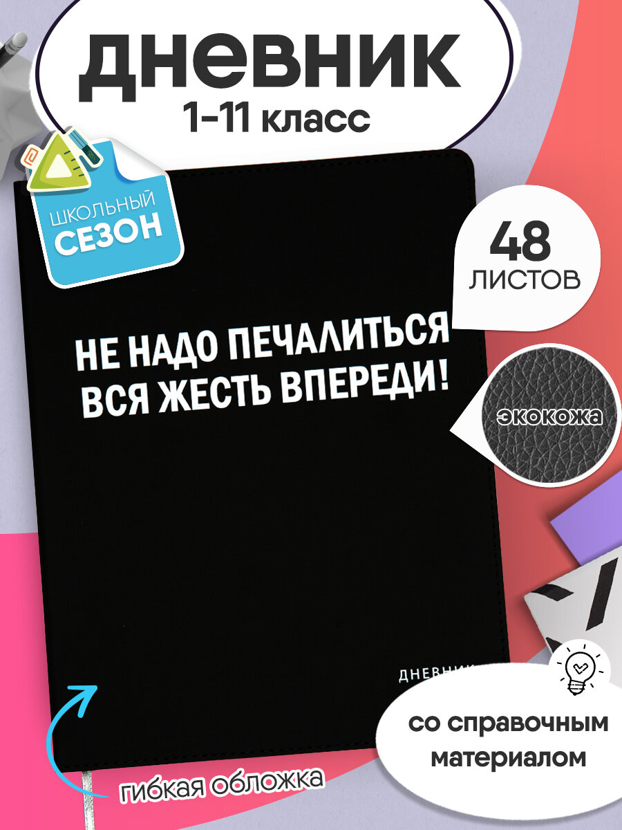 Дневник школьный 1-11 класс, 48 листов "deVENTE. Не надо печалиться, вся жесть впереди!" гибкая обложка из искусственной кожи, шелкография, отстрочка, 1 ляссе