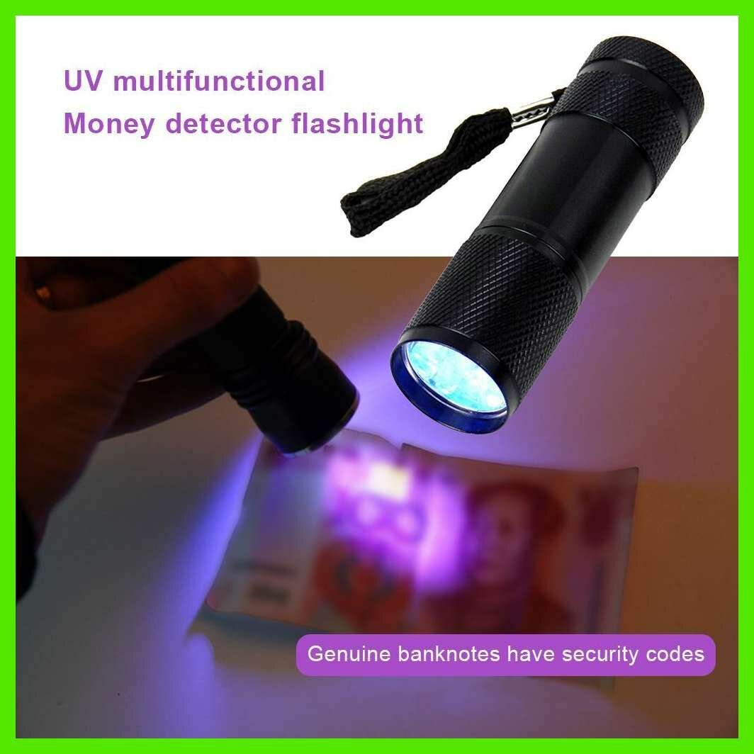 УФ фонарик для проверки денег 9 LED с фиолетовым светом, детектор флуоресценции и защиты от подделок, сушилка д