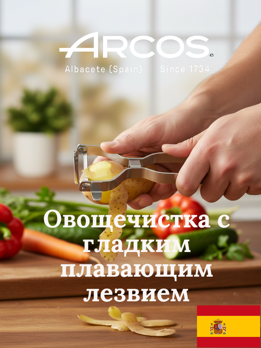 Овощечистка профессиональная с гладким лезвием Arcos Kitchen, из нержавеющей стали, Испания