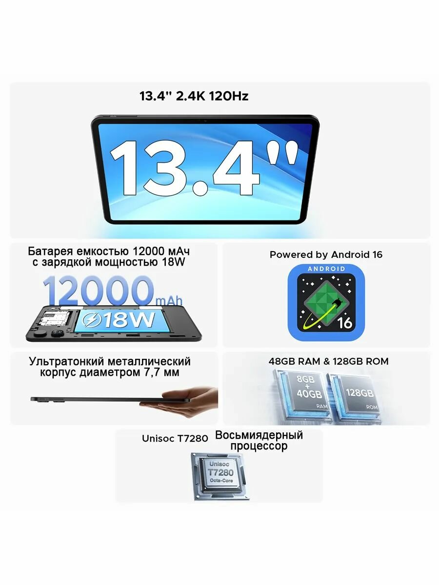 Doogee Планшет POCKAM P13,13.4" 2,4K 120 Гц,48/128 ГБ, 12000 мАч, Android 16, серый — фото 1