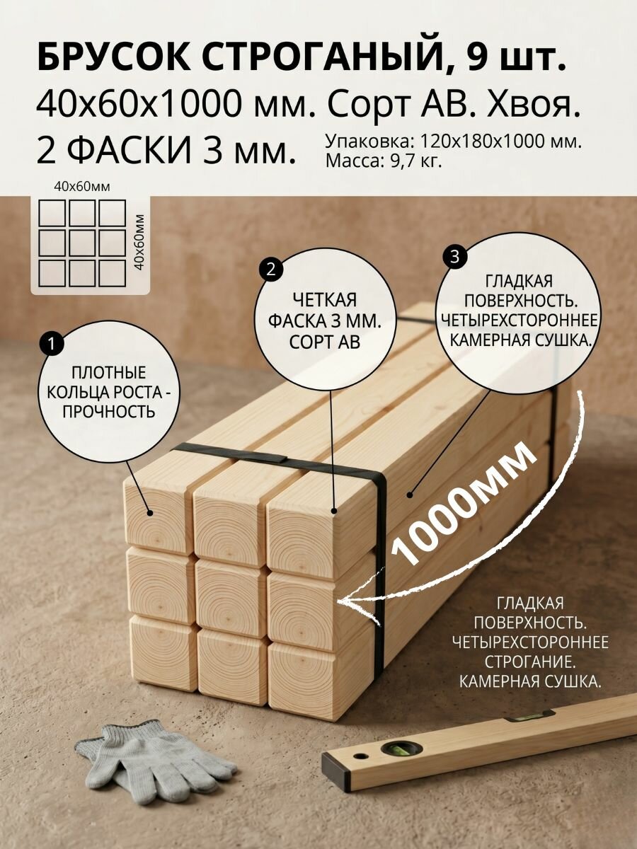 Брусок строганый 2 Фаски 3 мм сорт АВ, 40х60х1000, 9шт, хвойных пород