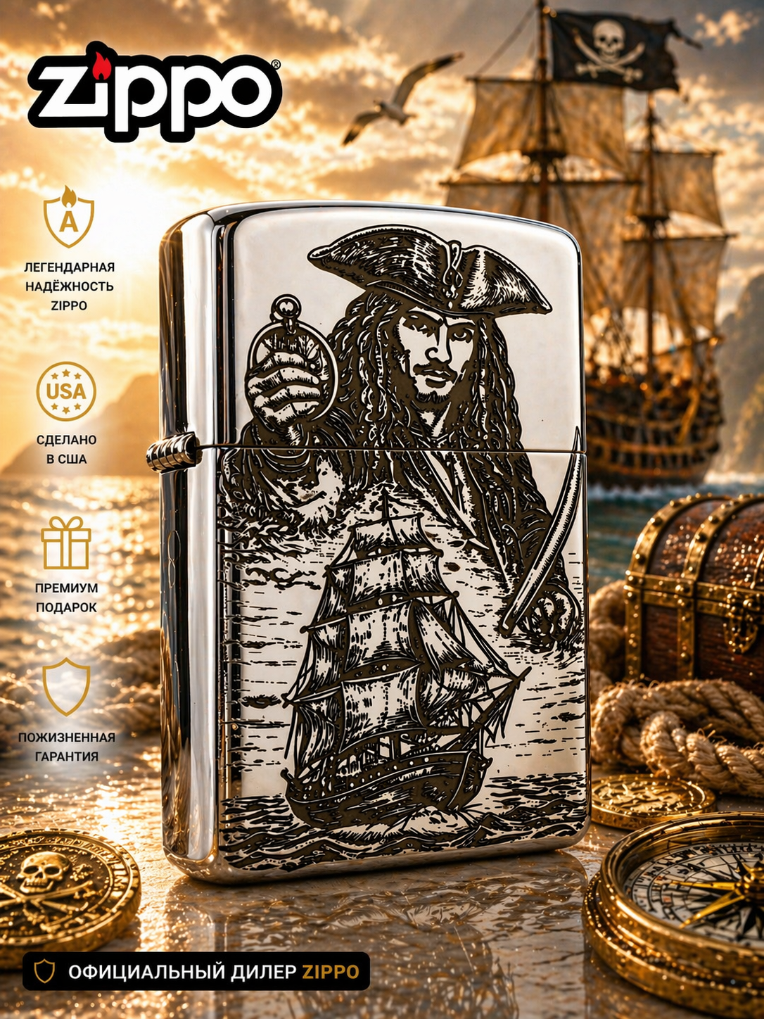 Зажигалка Zippo с гравировкой Пират