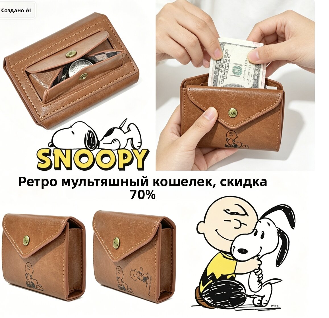Ретро-кошелек для монет Snoopy из искусственной кожи, коричневый