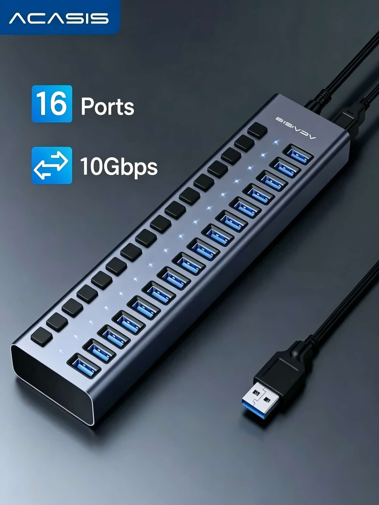 Концентратор ACASIS, голубой, блок питания, 16 портов, алюминий, USB 3.1