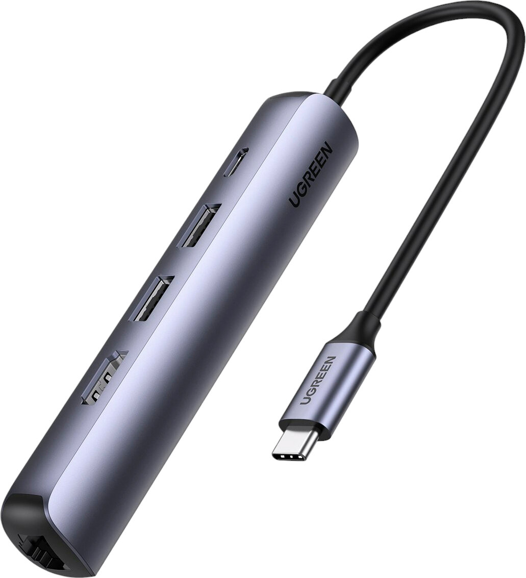 USB-разветвитель Ugreen Hub 5 In 1 USB-C, серый (10919), к ноутбуку: USB Type-C, 5 подключений.