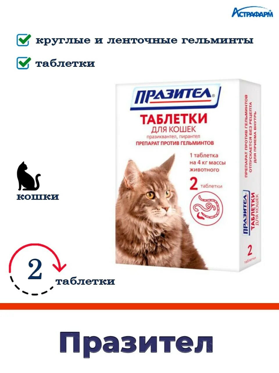 Празител таблетки для кошек, 2 таблетки против всех видов гельминтов