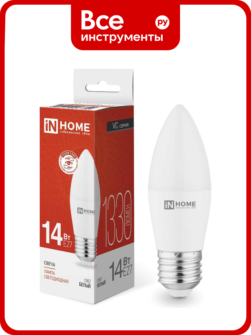 Лампа IN HOME LED светодиодная, форма свеча, цоколь стандартный, класс A+, нейтральный свет для общего освещения
