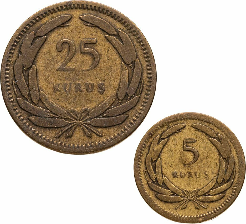 Турция набор из 2 монет 5 и 25 курушей kurus 1950-1956, Латунь, в сохранности VF-XF