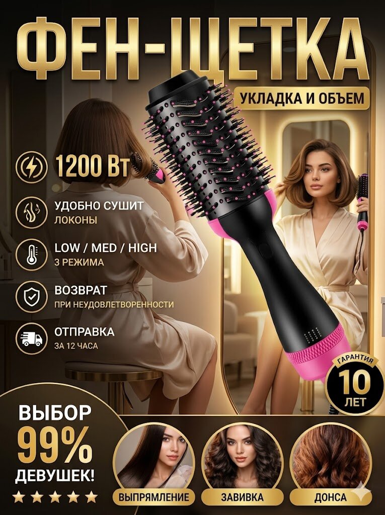 Фен-щетка для волос / Расческа с ионизацией One Step Фен-щётка (расчёска-фен) для волос Hair Dryer 3 в 1