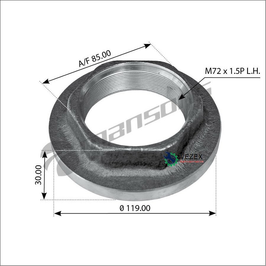 MANSONS 600126 гайка ступицы! M72x1.5 SW85 LH\ SAF
