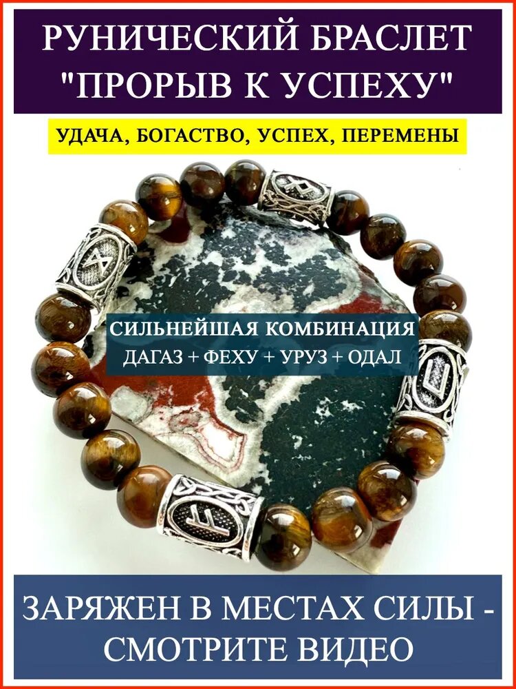 Браслет с рунами Прорыв из натуральных камней (тигровый глаз). Мужской, женский браслет на удачу, богатство, деньги.