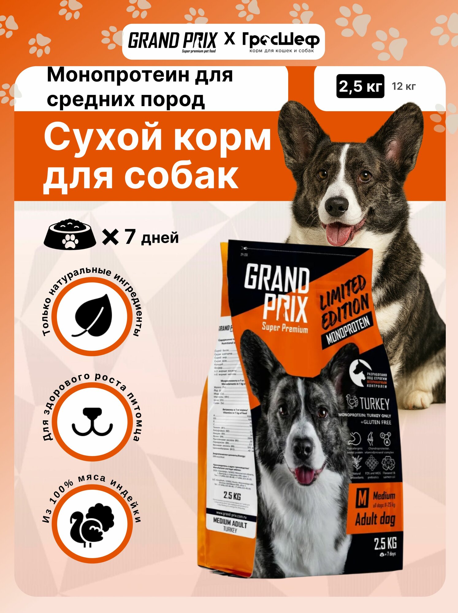 Сухой корм для собак средних пород GRAND PRIX Монопротеин с индейкой 2,5 кг