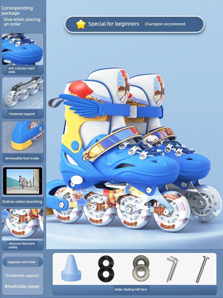 Мультяшная коляска для льда Wukong Blue с жестким корпусом, 8 колесами, крыльями, барьером и инструментом, без