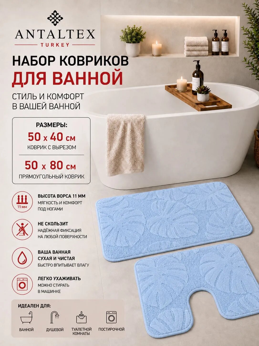 Коврик для ванной 2 шт набор ковриков голубой цвет, размеры 50x80 и 50x40
