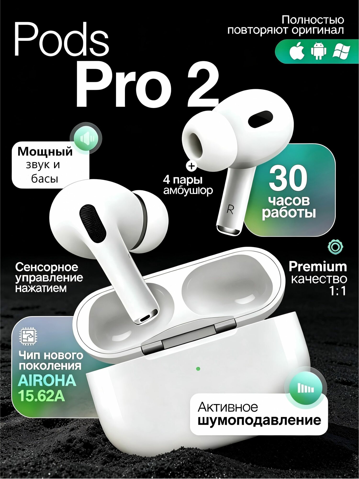 Беспроводные наушники Air.Pods Pro 2, активное шумоподавление ANC, защита от влаги IPX5