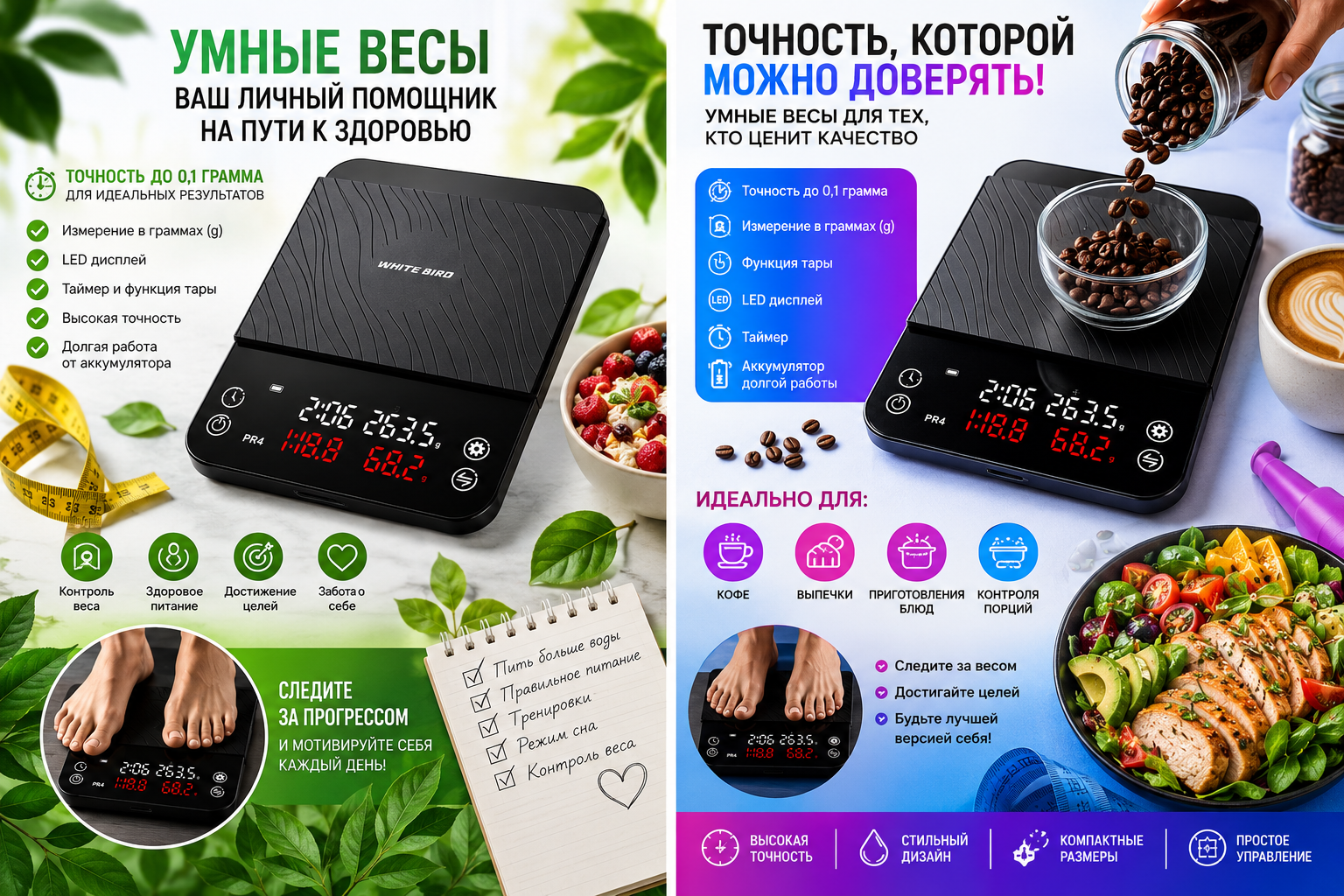 Весы кухонные White Bird "Pro", с таймером и точностью до 0,01 гр, с аккумулятором