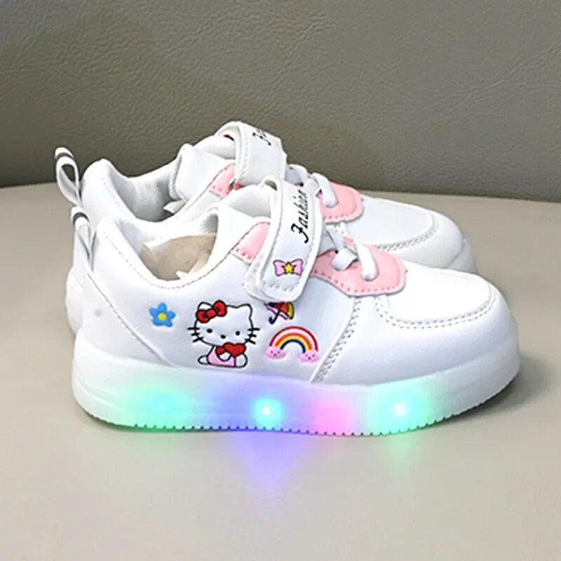 MINISO Детские туфли со светодиодной подсветкой, милые туфли с мультяшной Hello Kitty для девочек, кавайные кеды для малышек, спортивная обувь на мягкой подошве, повседневная обувь, Размер обуви: 22, стелька 14 см.