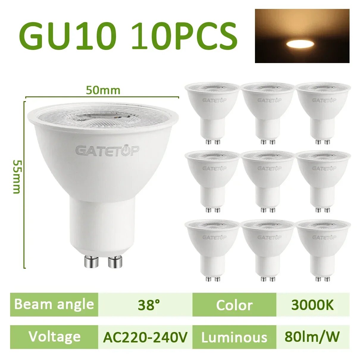 LED GU10 Gatetop 5W 3000K, 38°, 10 шт, диммируемая