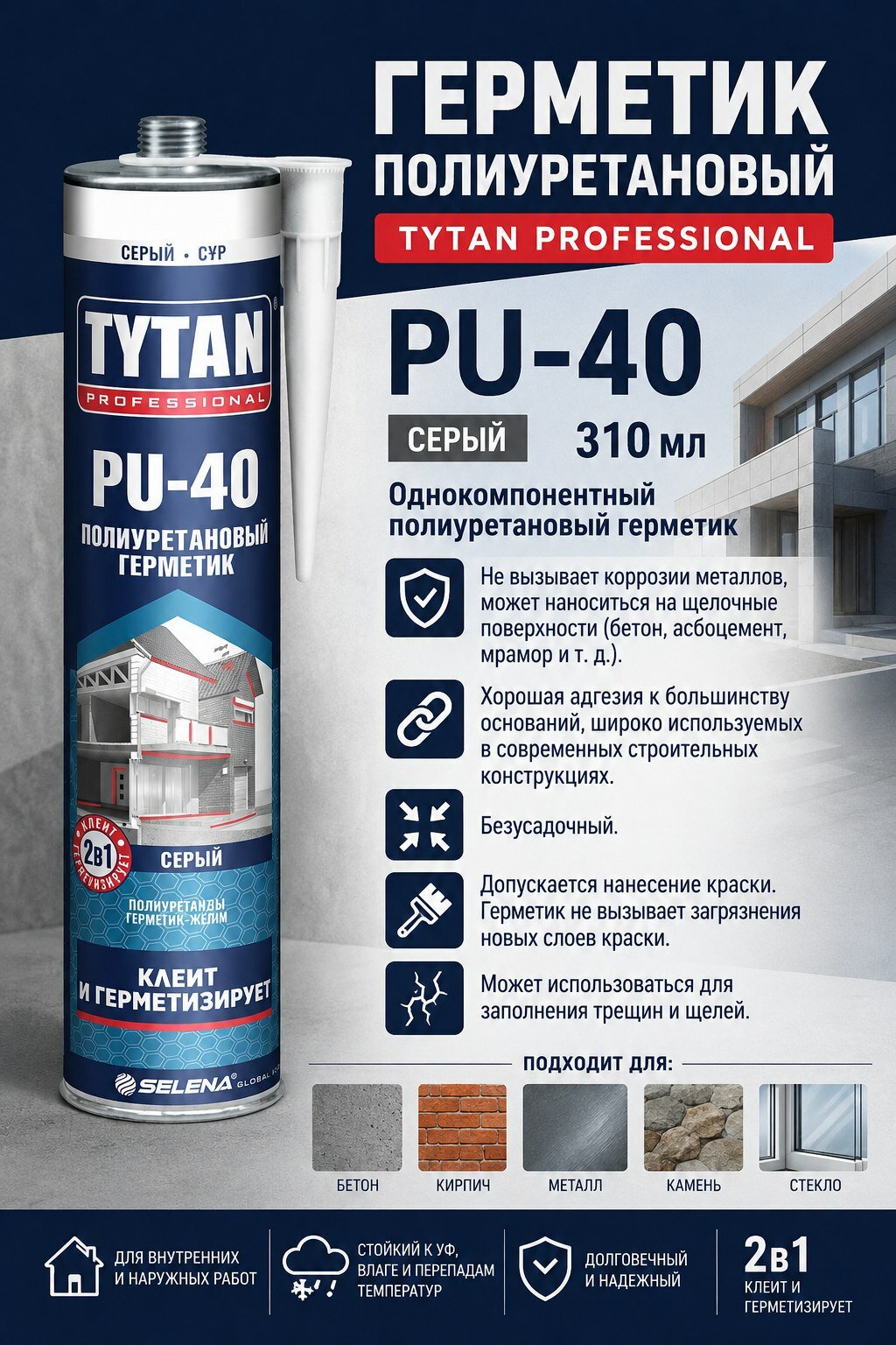 Герметик полиуретановый TYTAN Professional PU 40, серый, 310 мл