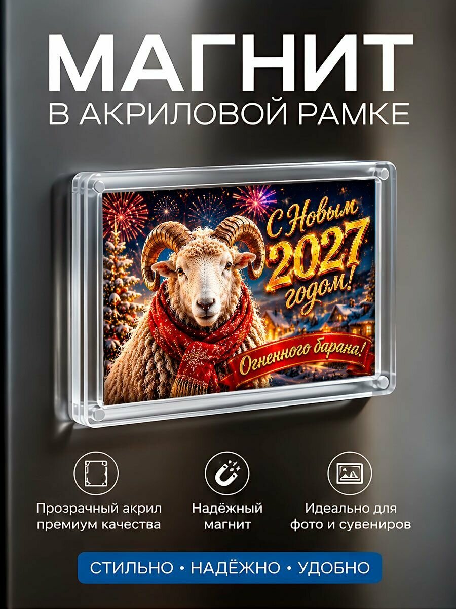 Магнит на холодильник Символ года 2027 "Огненный баран", 78*108 мм, 1 шт.