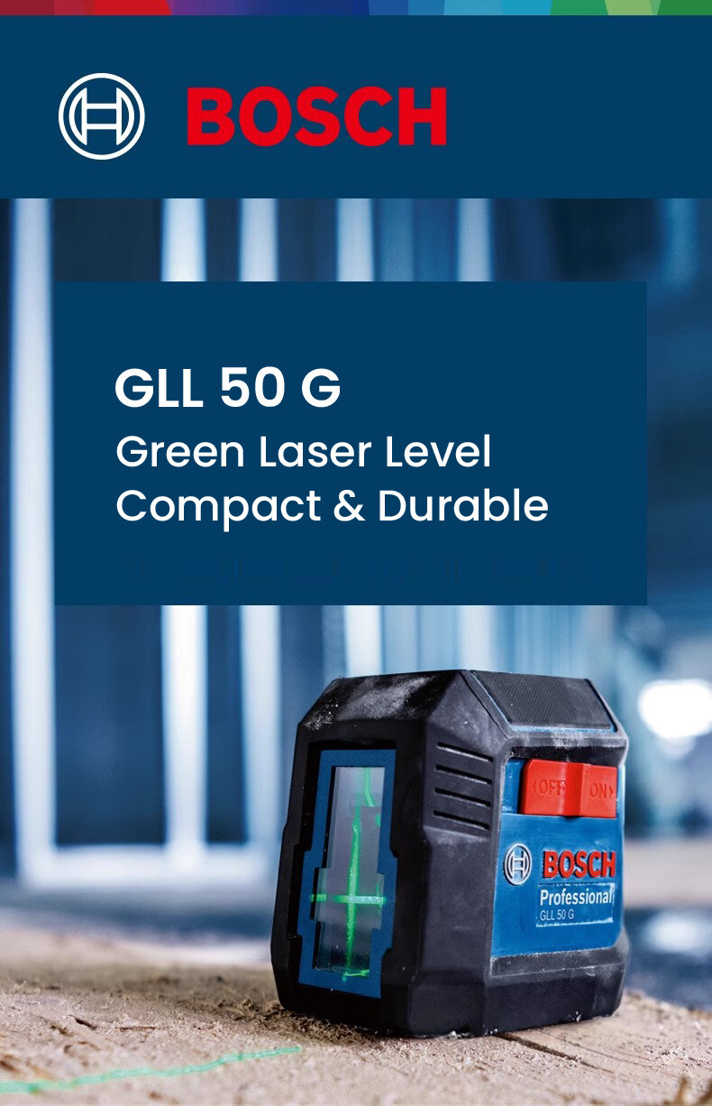 Лазерный уровень Bosch GLL50G, зеленый луч, 15 м, 1H+1V, IP55, 2×AA или акк. Bosch, 1/4"