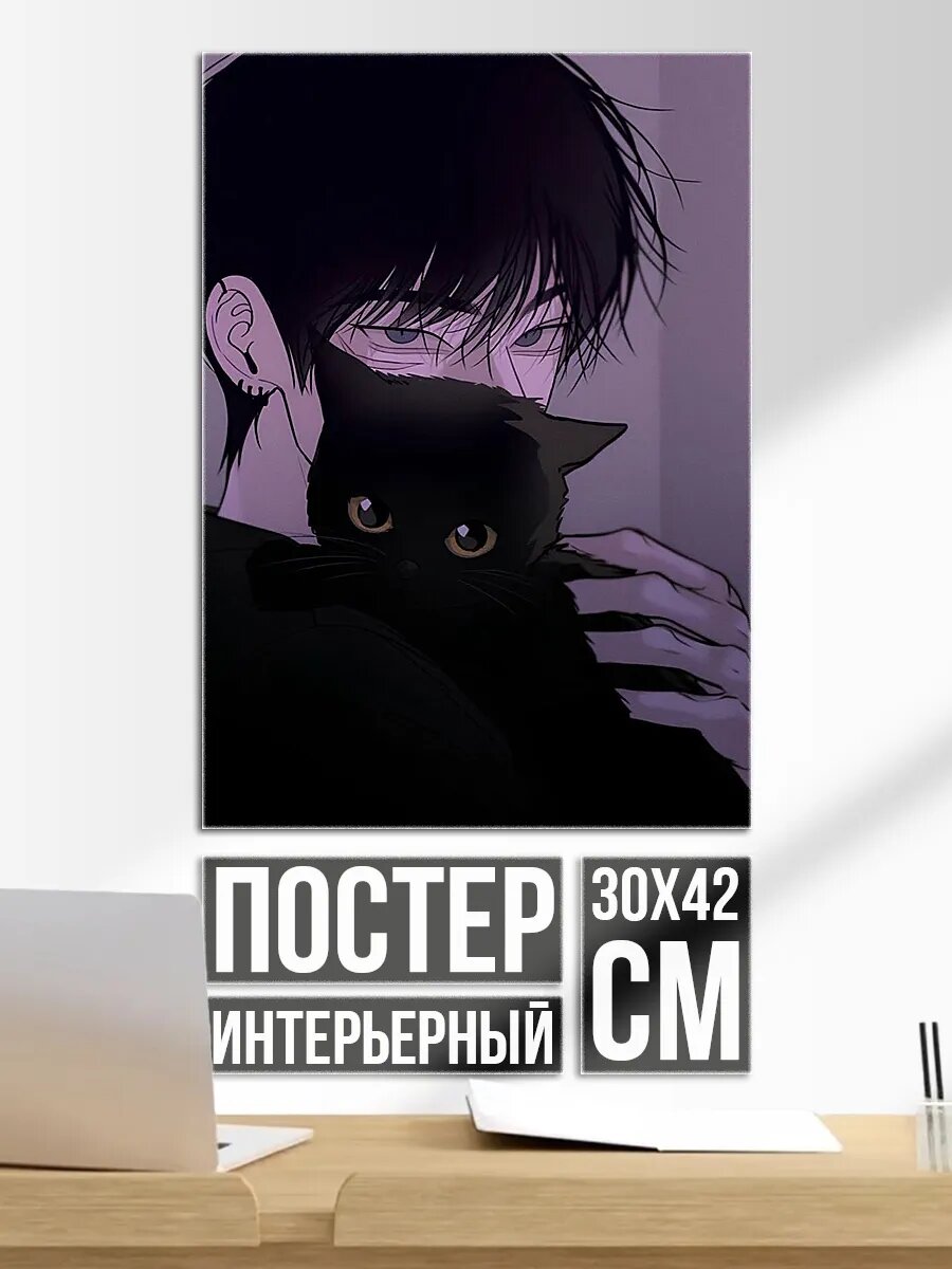 Плакат постер Парень с черным котом