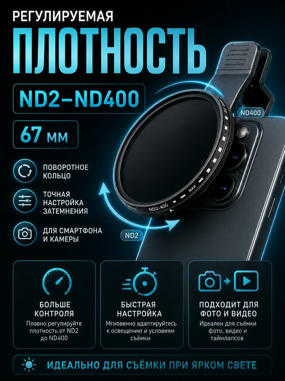 ND2-400 фильтр 67 мм для телефона и смартфона, регулируемый нейтральный ND светофильтр для iPhone, камеры, фото и видео