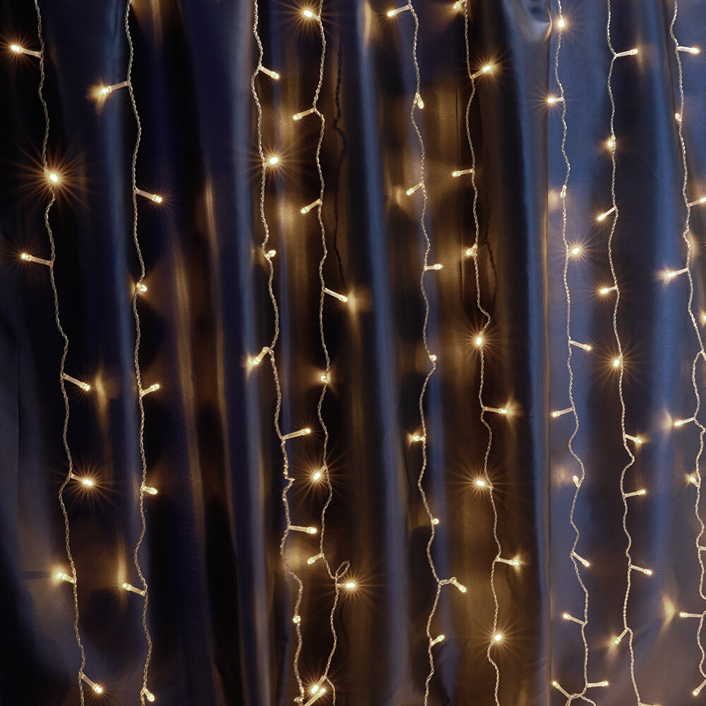 Светодиодная гирлянда Feron CL19 занавес 2*1,5м + 3м 230V 2700К , c питанием от сети, эффектом стробов, прозрачный шнур артикул 32331