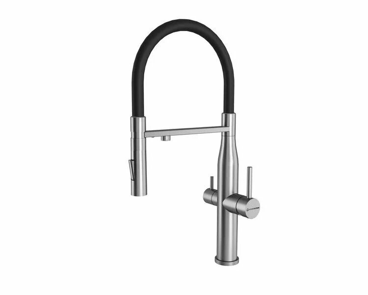 Смеситель для кухни KUCHENSTERN Elit-FE 407SS40 с гибким изливом, с краном для питьевой воды, с поворотным изливом, хром, матовый, однорычажный, нержавеющая сталь, с керамическим картриджем