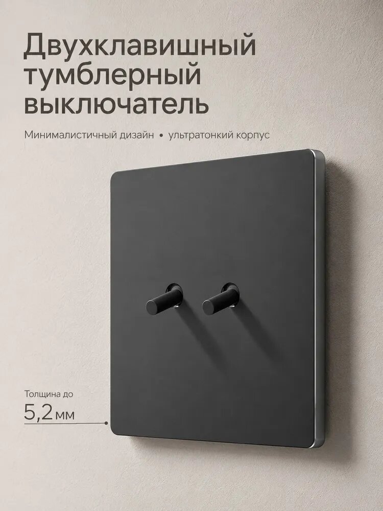Выключатель света рычажный двухклавишный, чёрный матовый, настенный переключатель для квартиры и дома