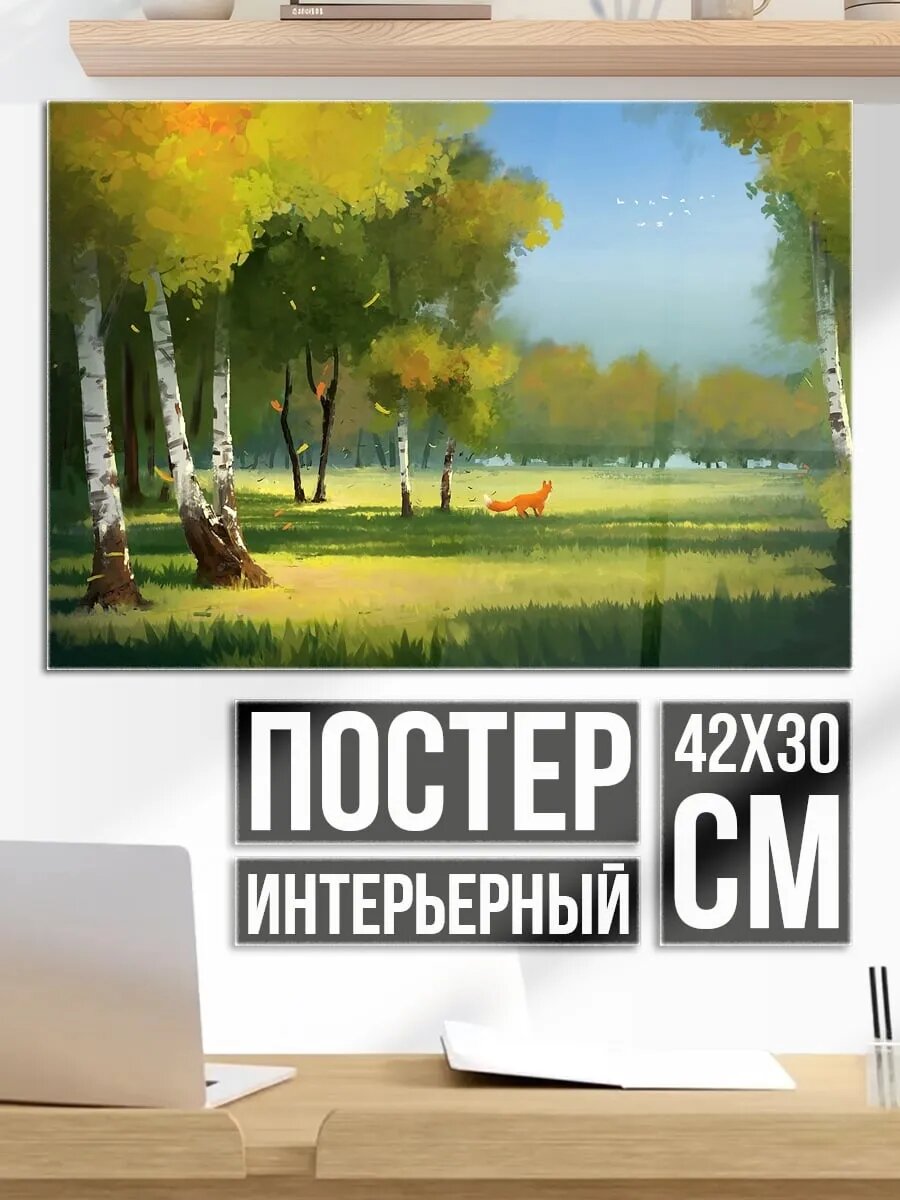 Плакат постер осенний лес с березами