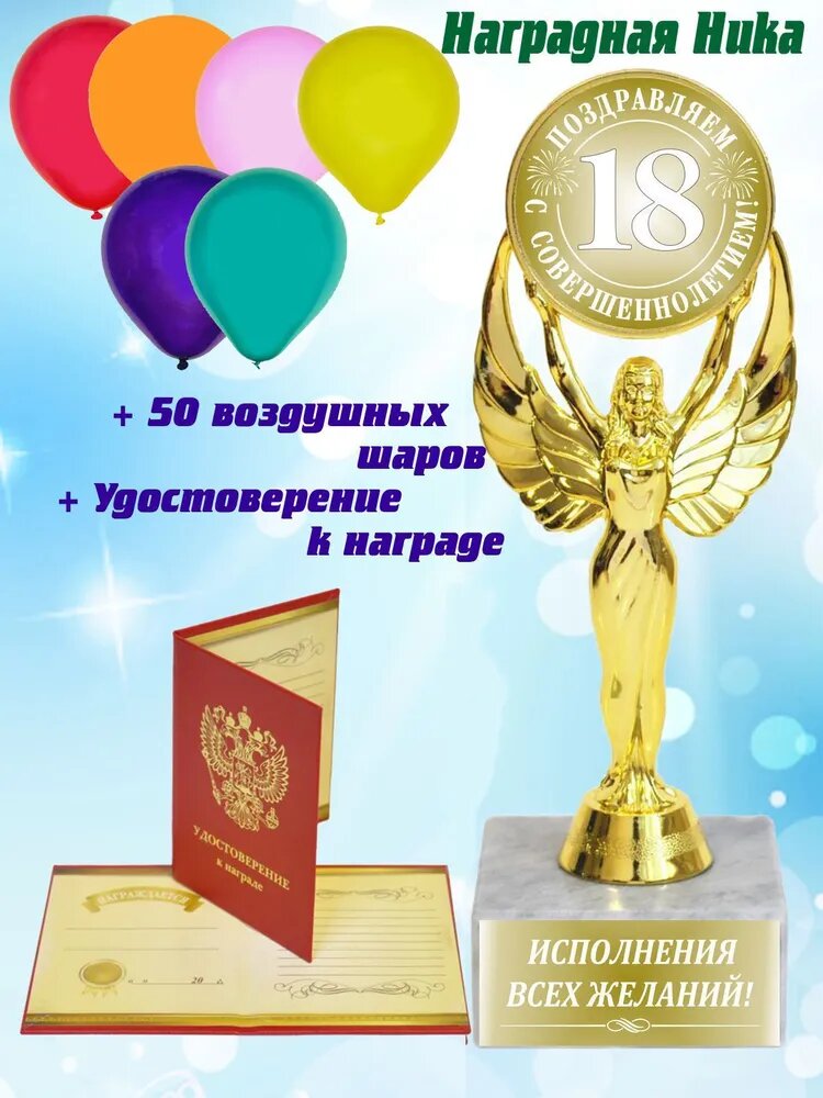 Кубок подарочный "С днем рождения 18 лет", награда, Ника, статуэтка, приз / удостоверение и шарики в комплекте