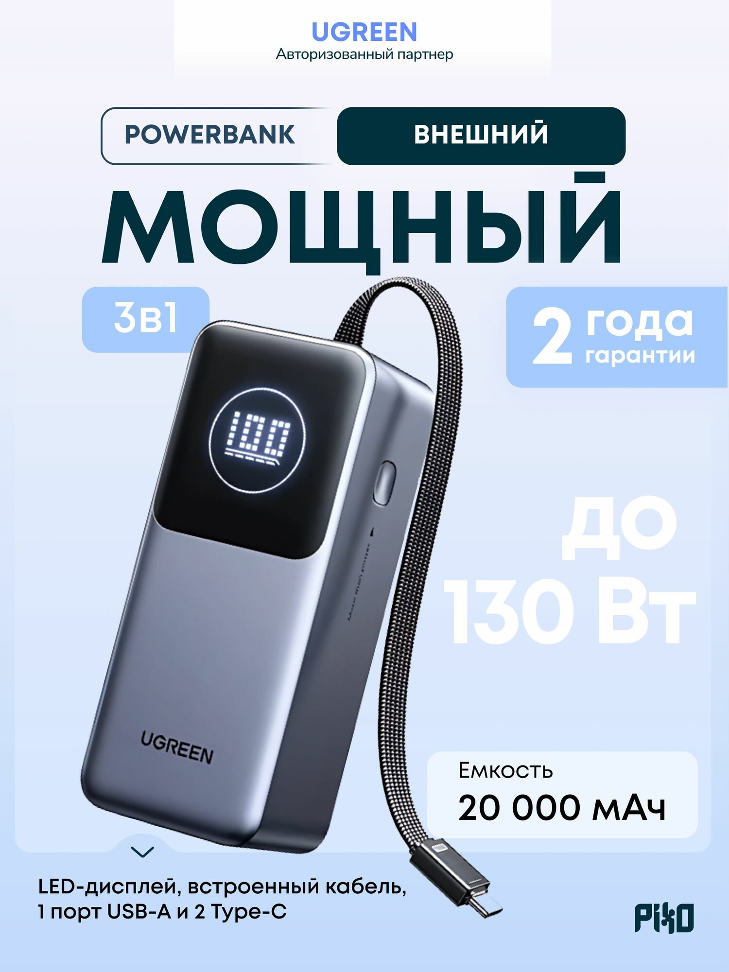 Внешний аккумулятор PowerBank Ugreen PB723 (55365B) 20000mAh 130W USB-A + 2 USB-C (встроенный кабель Type-C), Серый