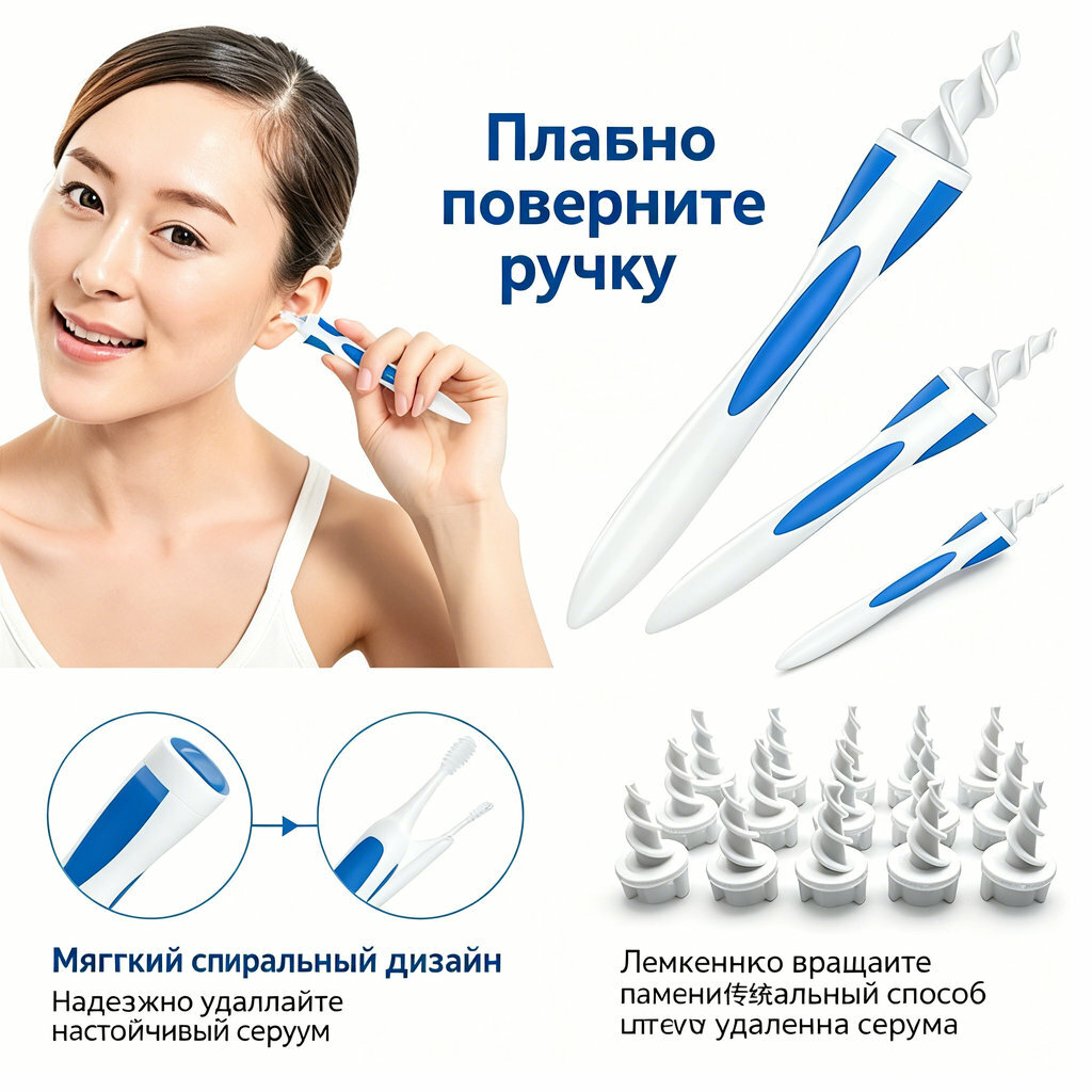 Набор из 3 спиральных инструментов для чистки ушей (вращение на 360°) из мягкого силикона — для удаления ушной серы у детей и взрослых.