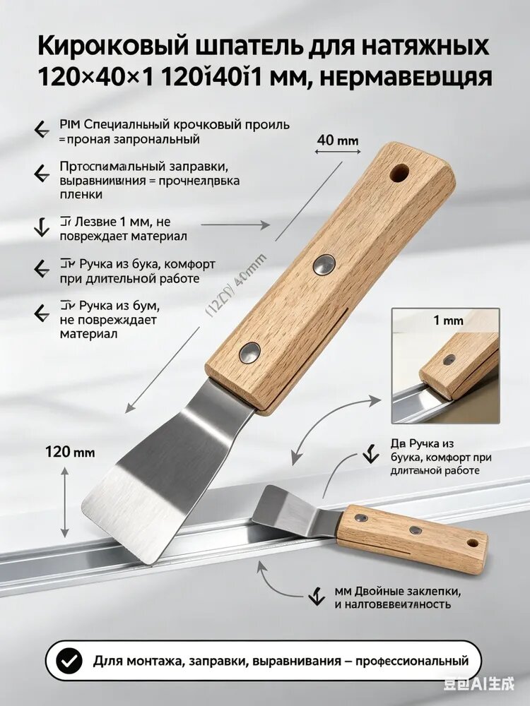 Крючковый шпатель для натяжных потолков, нержавеющая сталь, ручка из бука - специальный профиль, тонкое лезвие, клёпаная конструкция - для монтажа плёнки ПВХ, заправки в профиль,