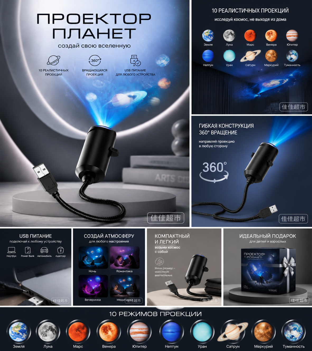 Проектор планет Солнечной системы, 10 узоров, поворот 360°, для дома и подарка