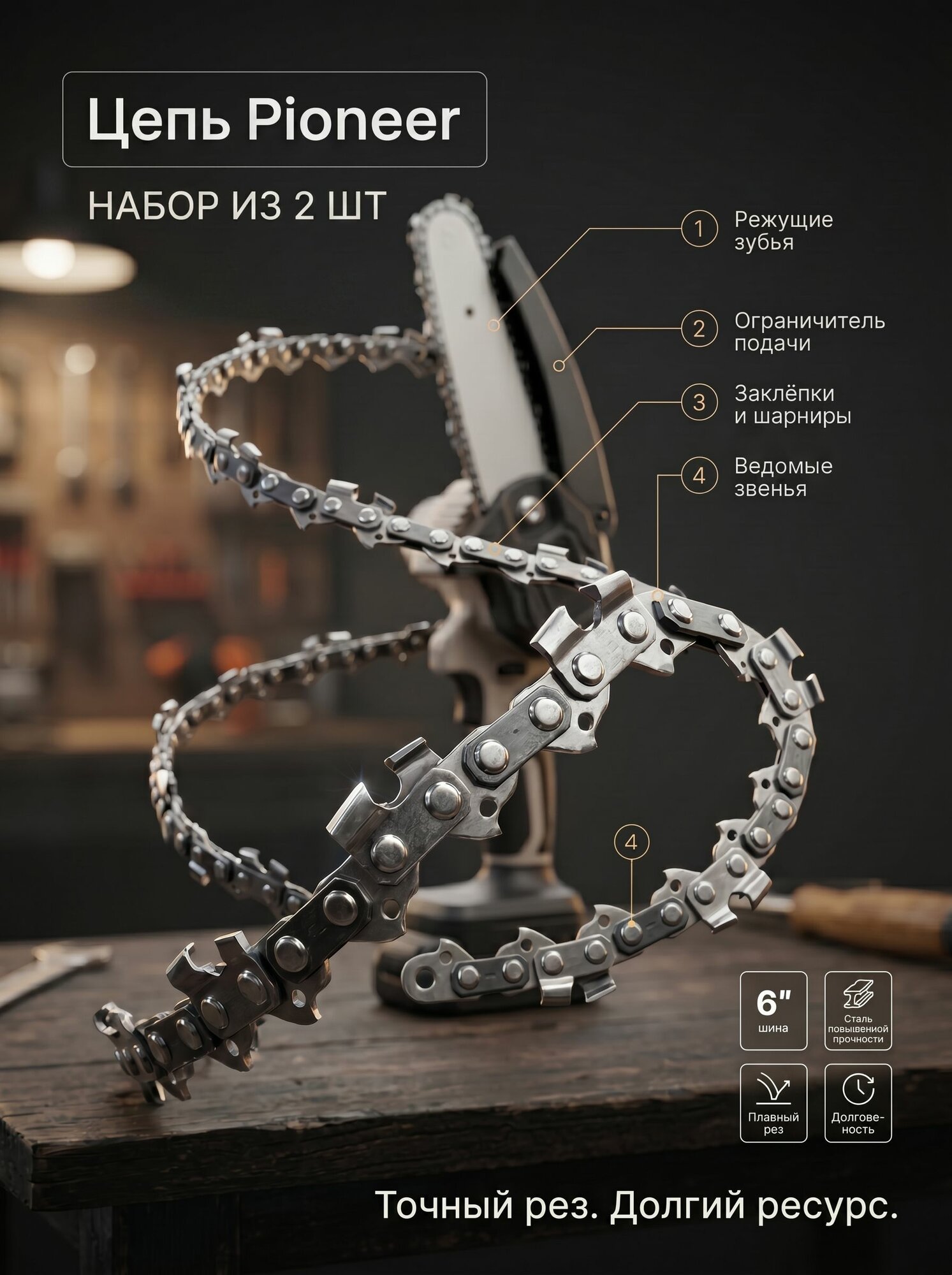 Цепь для пилы Pioneer (1/4" 1,1мм 37зв. 6"), CS-6 для шины цепной пилы