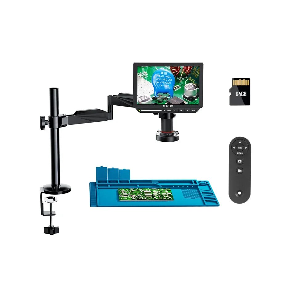Электронный микроскоп Elikliv EM4K 4K с экраном 10,1" и увеличением 2000X HDMI для пайки с подставкой в виде стрелы для печатных плат