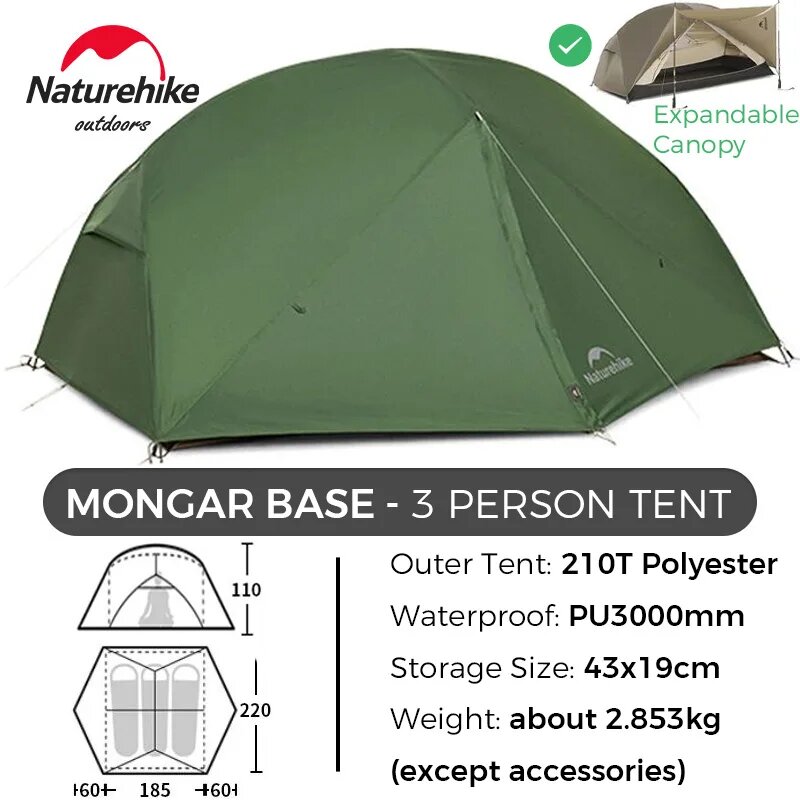 Палатка Naturehike Mongar Tent PRO/UL/BASE на 1, 2, 3 человека с раз-expandable awning, легкая для походов, водонепроницаемая укрытие для кемпинга, походов и рюкпакового туризма