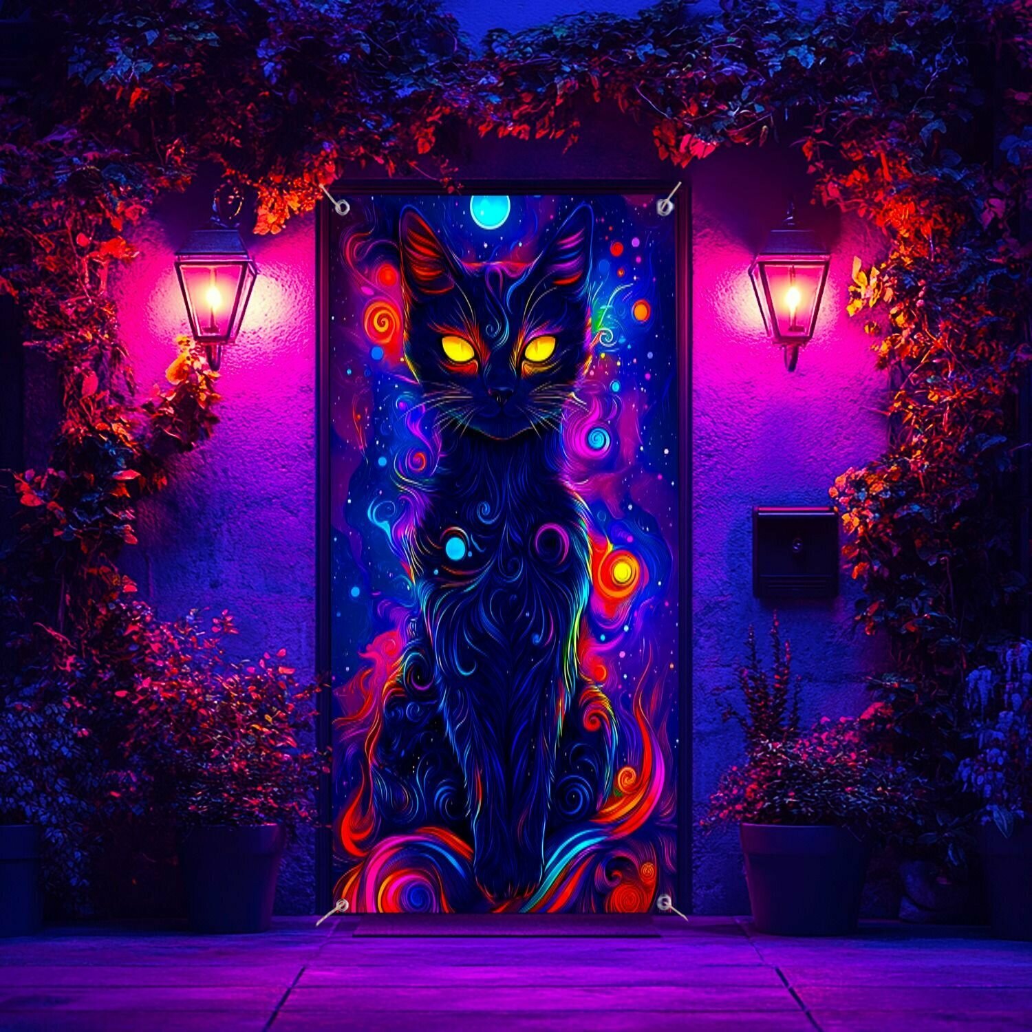 Светящаяся версия гобелена cool black cat с ярким флуоресцентным эффектом придает дому таинственную атмосферу