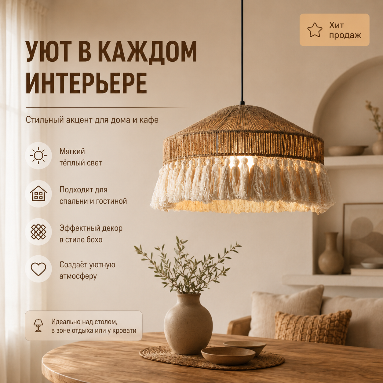 Потолочный светильник в стиле бохо, регулируемая цепь, площадь освещения 8‑12 кв. м — фото 1