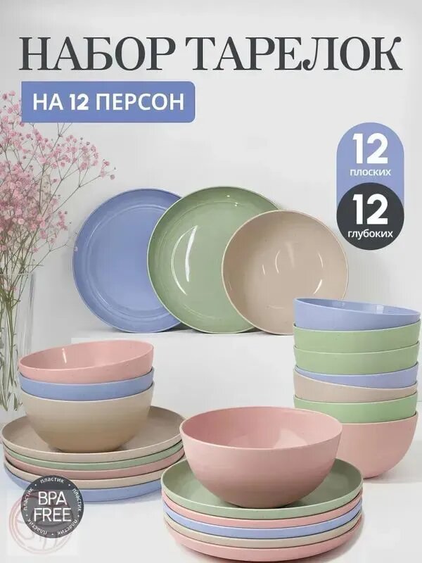 Тарелка глубокая "Набор 12+12 Цветные" 19 см 24 шт голубой