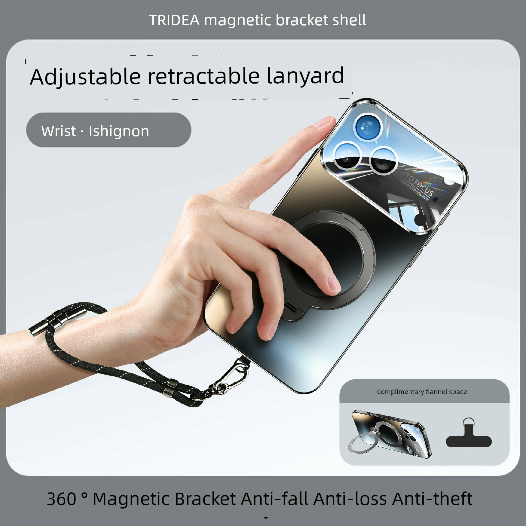 IPhone 15 Pro Max Матовый обсидианово-черный с браслетом на руку, 360° вращающимся магнитным стендом, лазерным