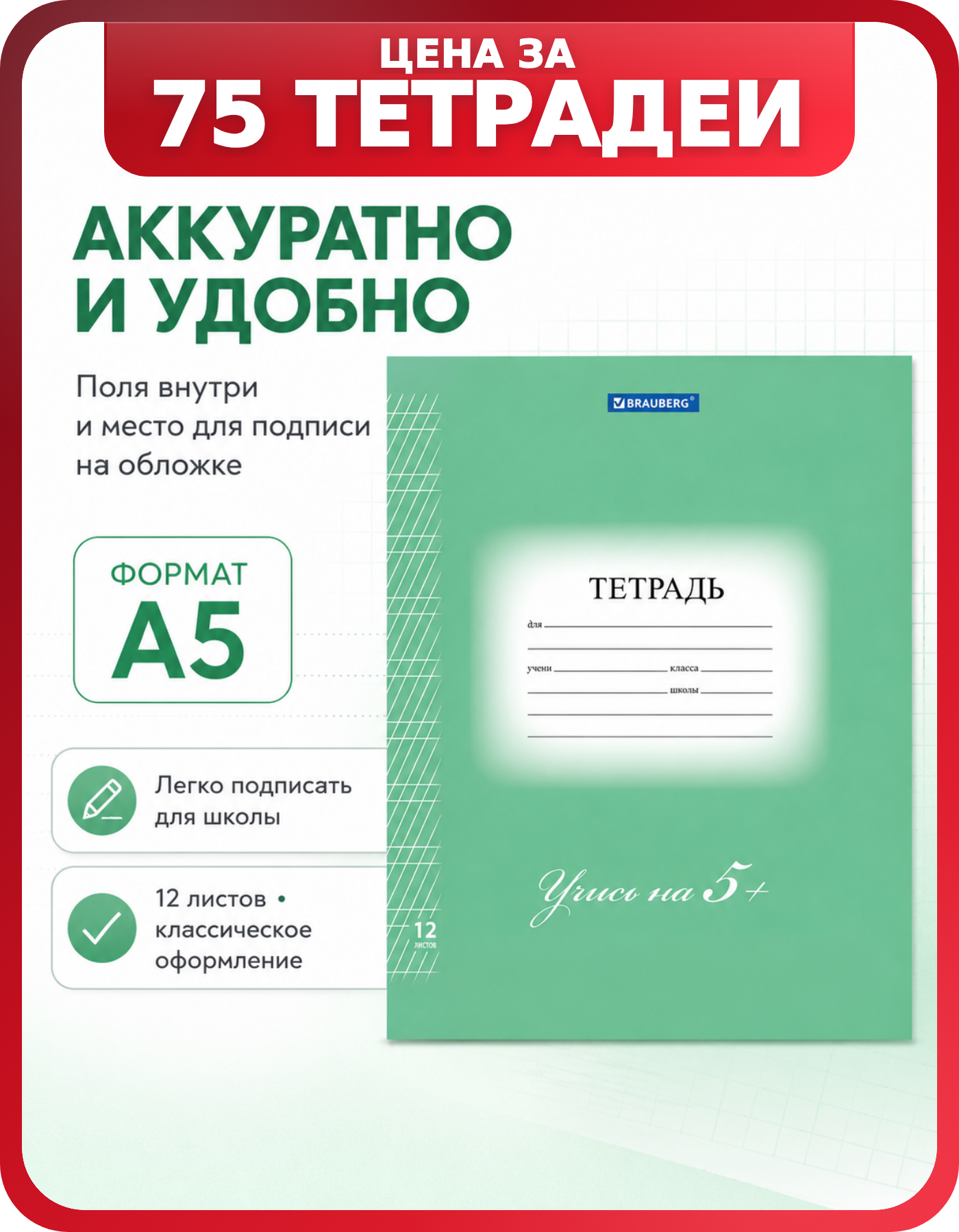 Набор тетрадей BRAUBERG А5 с частой косой линией, 75 шт.
